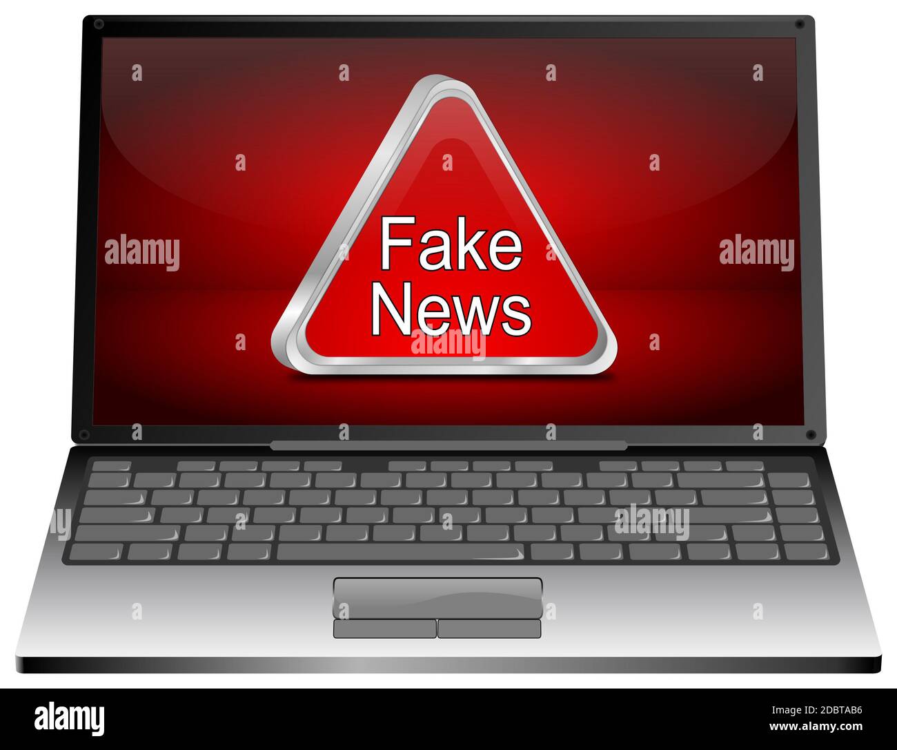 Laptop Computer with red Fake News warning sign on red desktop - 3D ...