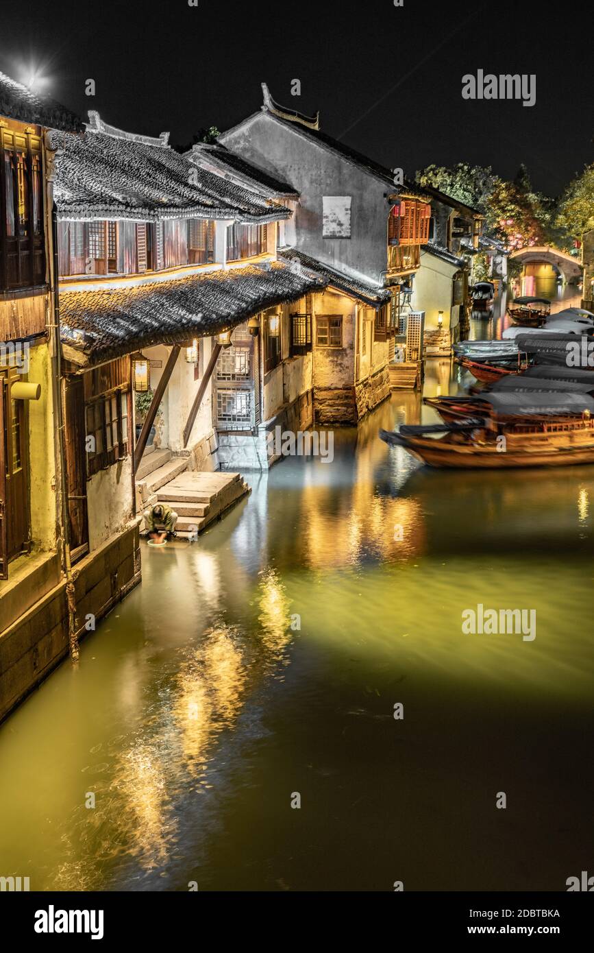 Night view of Zhouzhuang, an ancient Chinese watertown in Suzhou, China ...