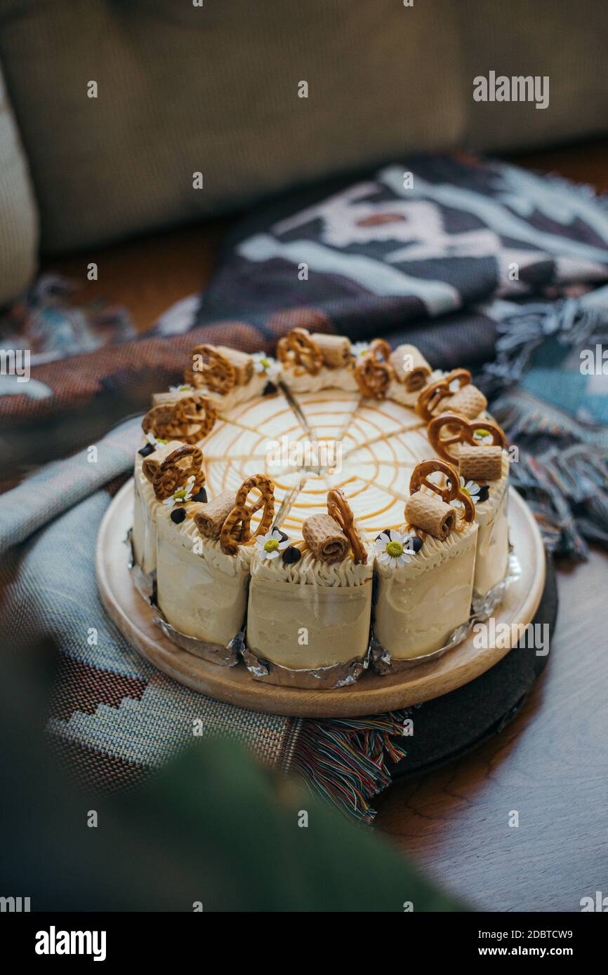 Caramel Cake on rustic aztec blanket background Stock Photo - Alamy