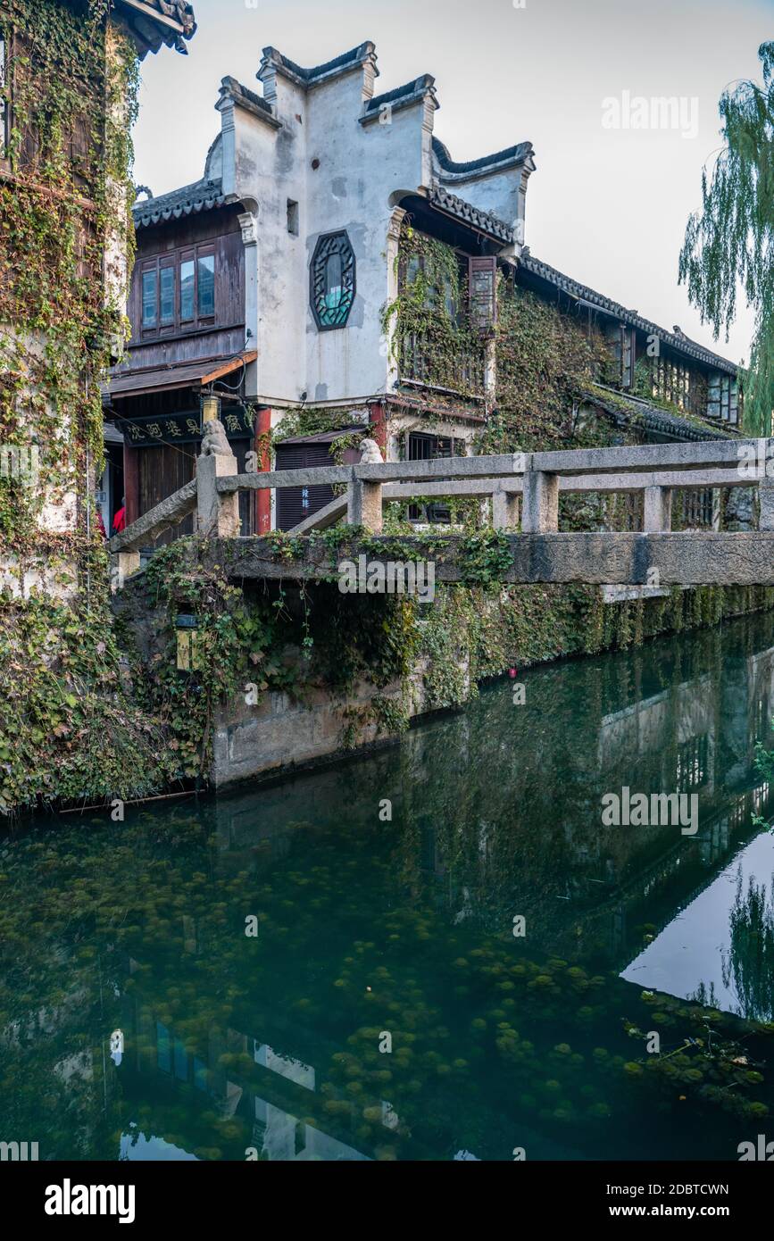 The ancient Chinese architecture and river landscape at Zhouzhuang, a ...