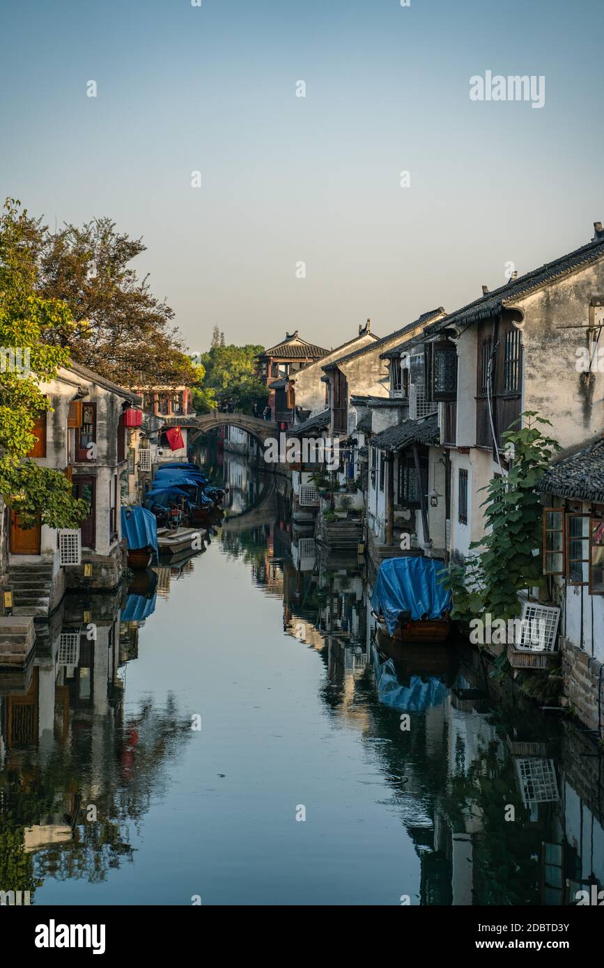 The ancient Chinese architecture and river landscape at Zhouzhuang, a ...