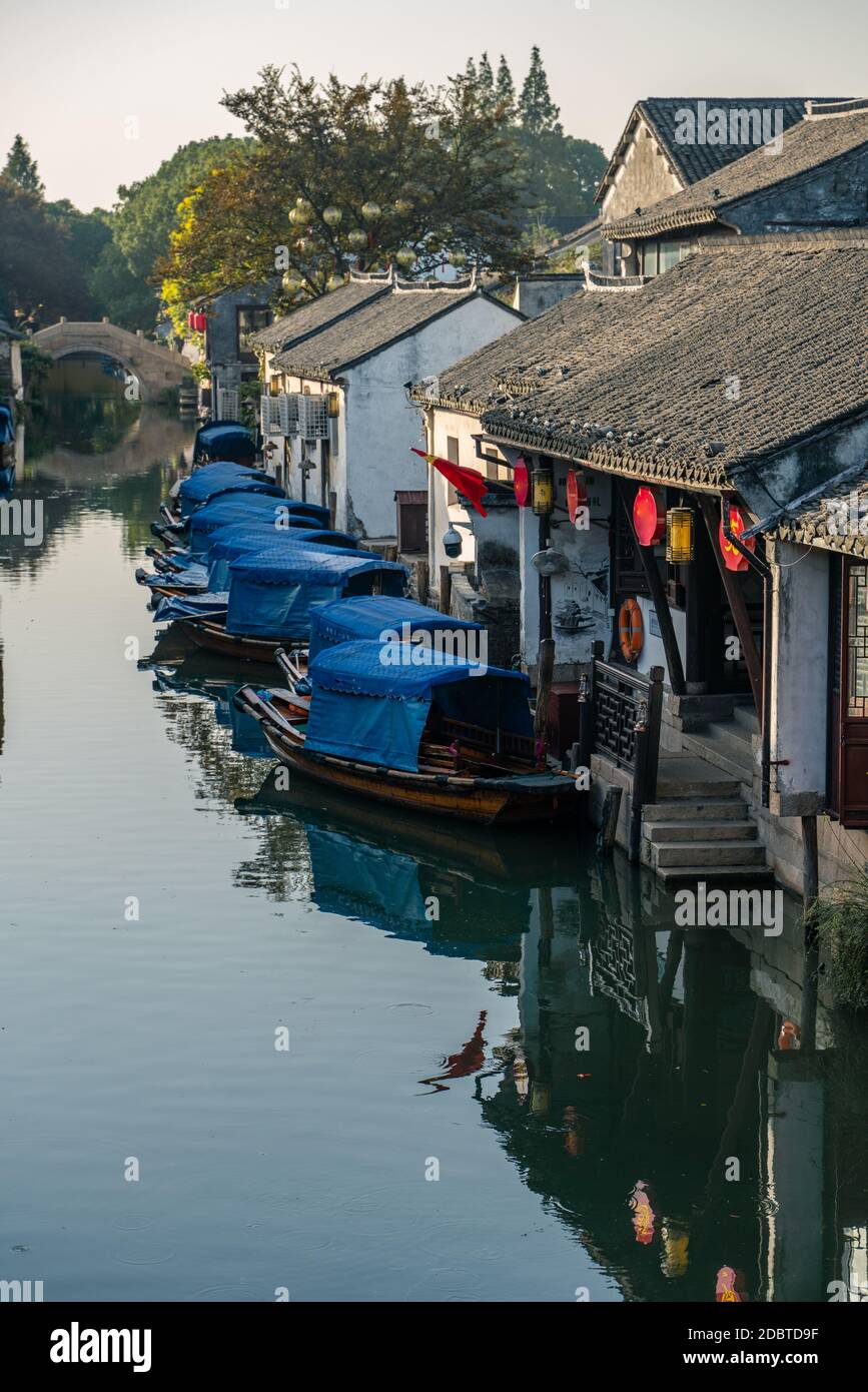 The ancient Chinese architecture and river landscape at Zhouzhuang, a ...