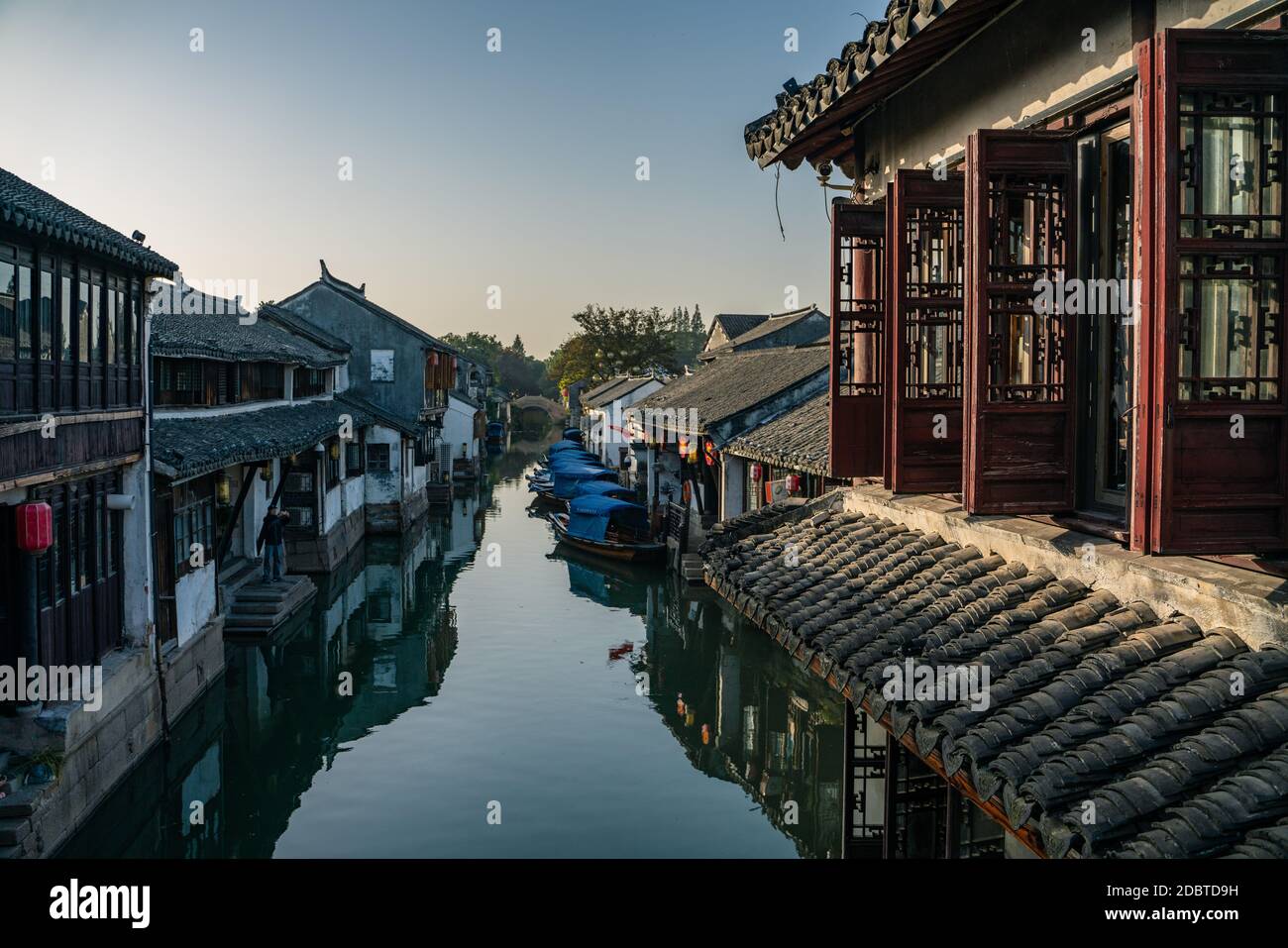 The ancient Chinese architecture and river landscape at Zhouzhuang, a ...