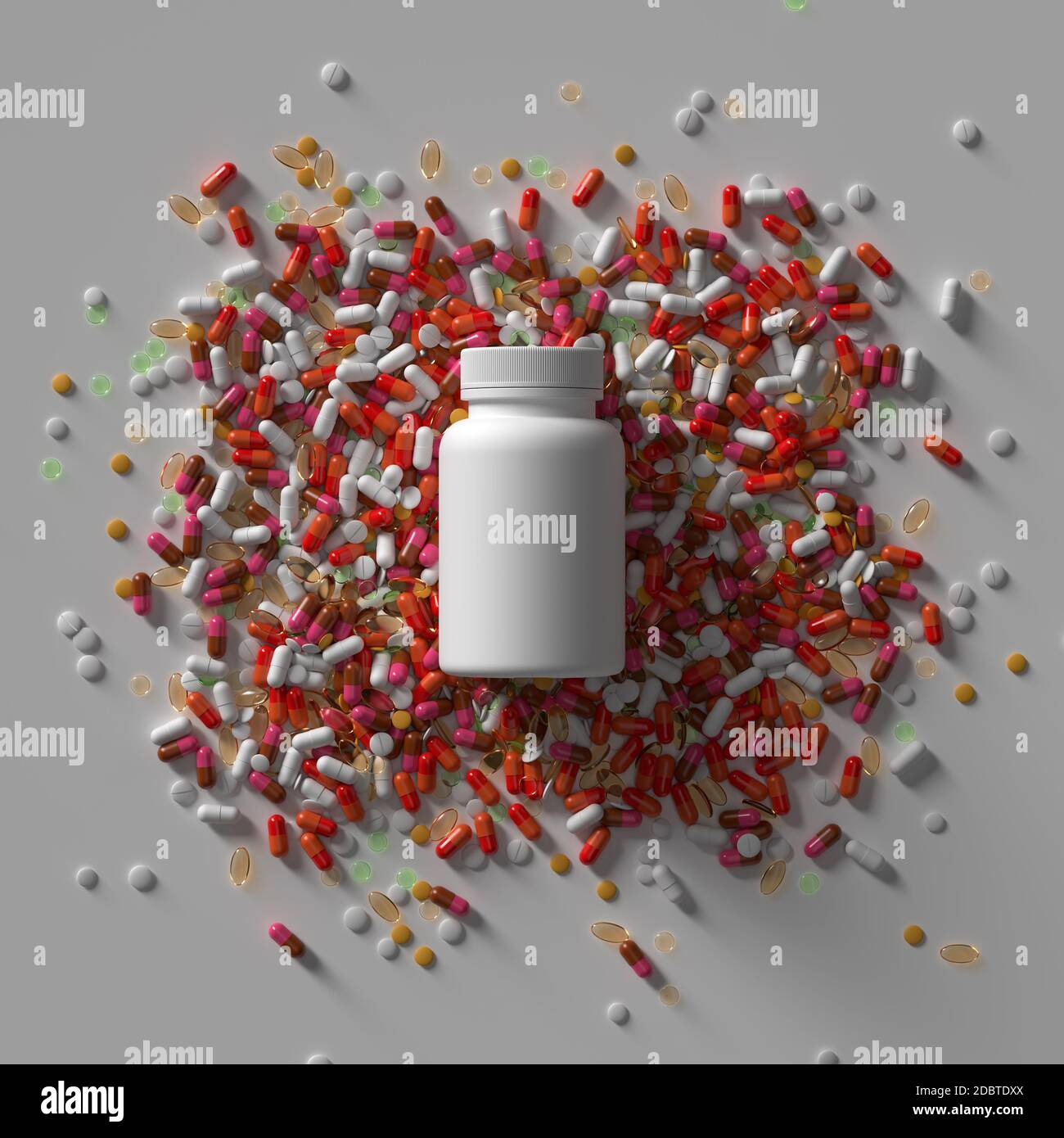 3d render of medicine pills and bottle with cap. Abstract medical ...