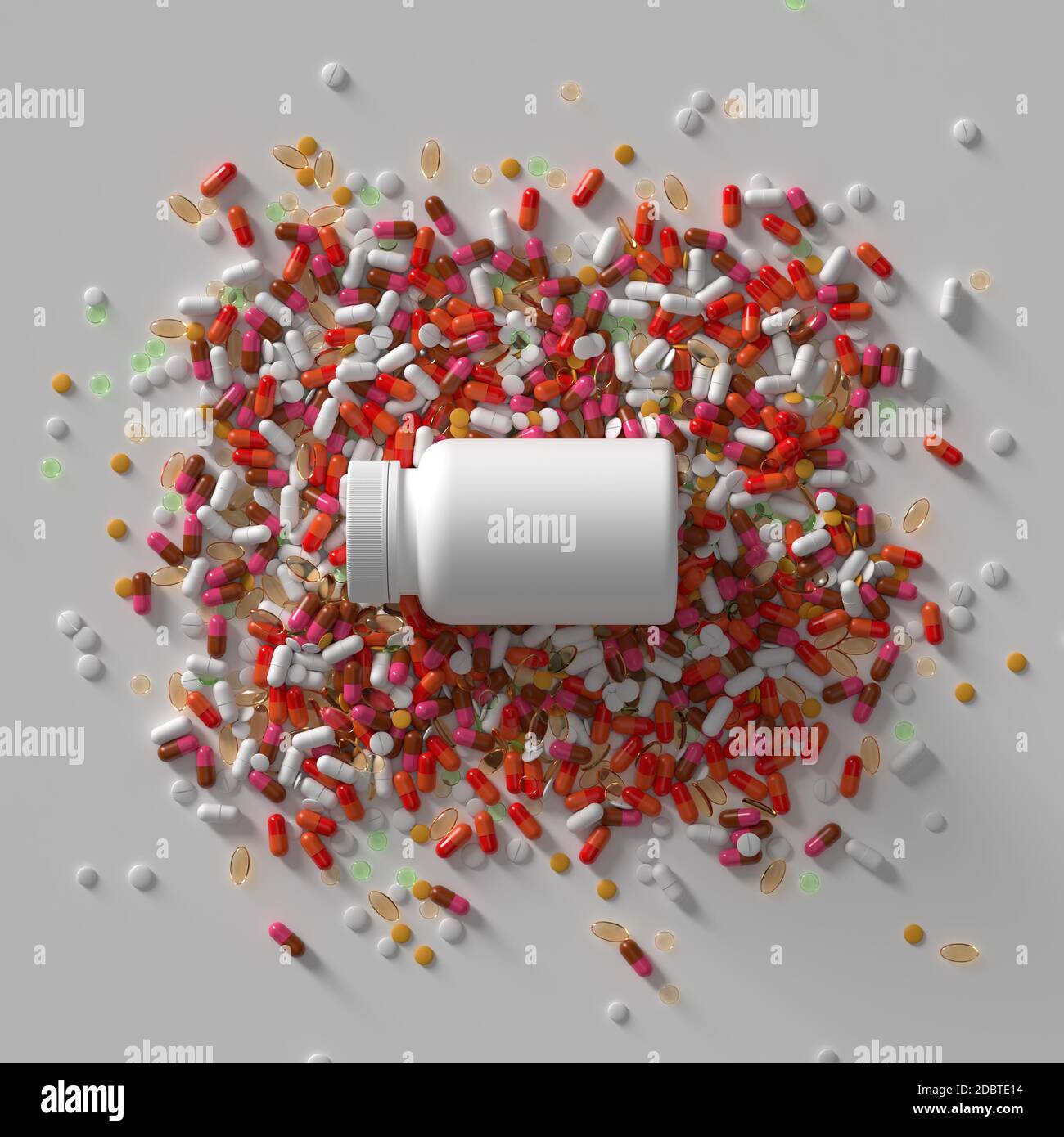 3d render of medicine pills and bottle with cap. Abstract medical ...
