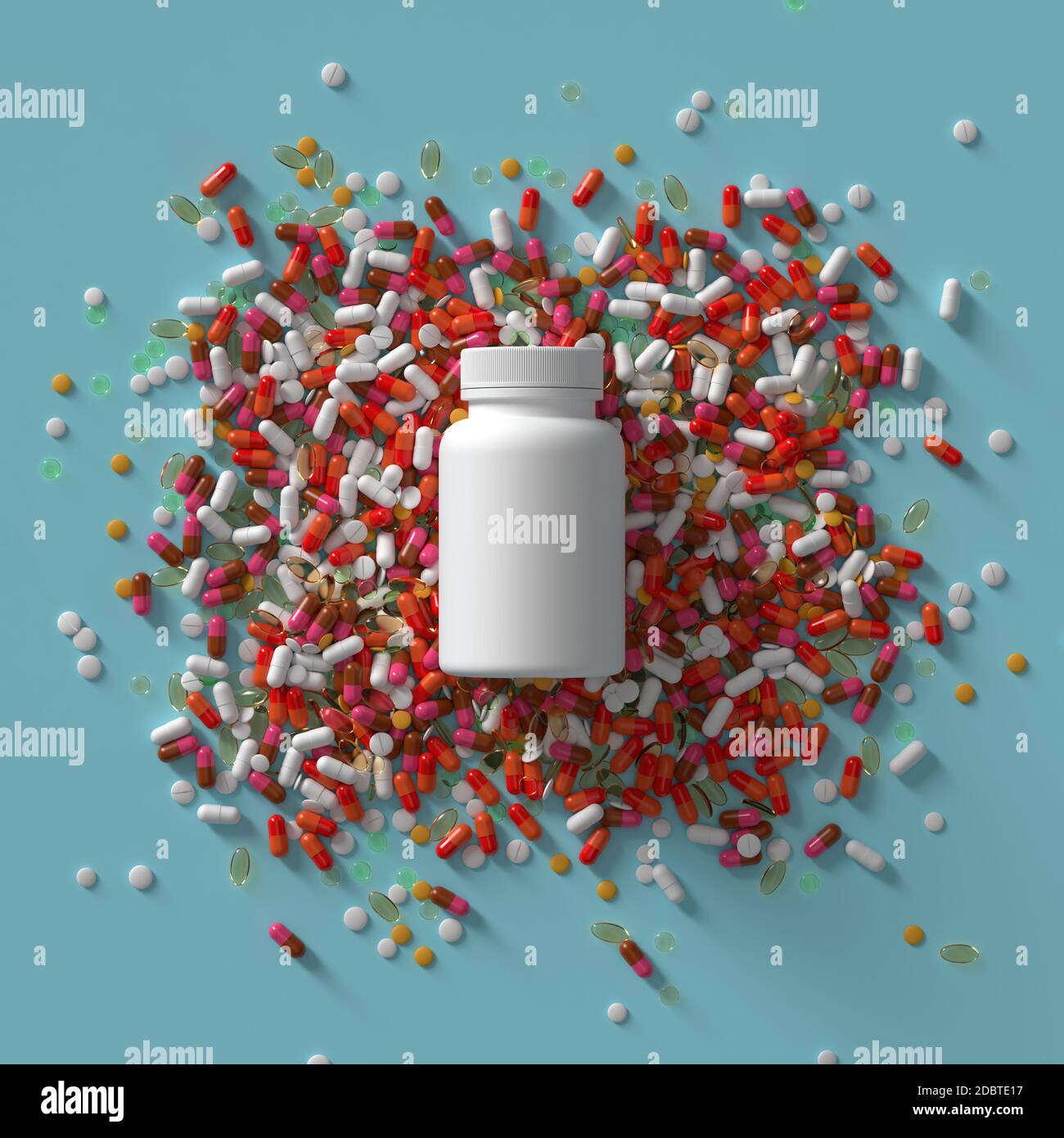 3d render of medicine pills and bottle with cap. Abstract medical ...