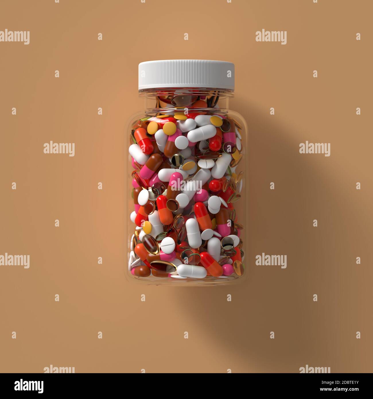 3d render of medicine pills in glass bottle with cap. Abstract medical ...