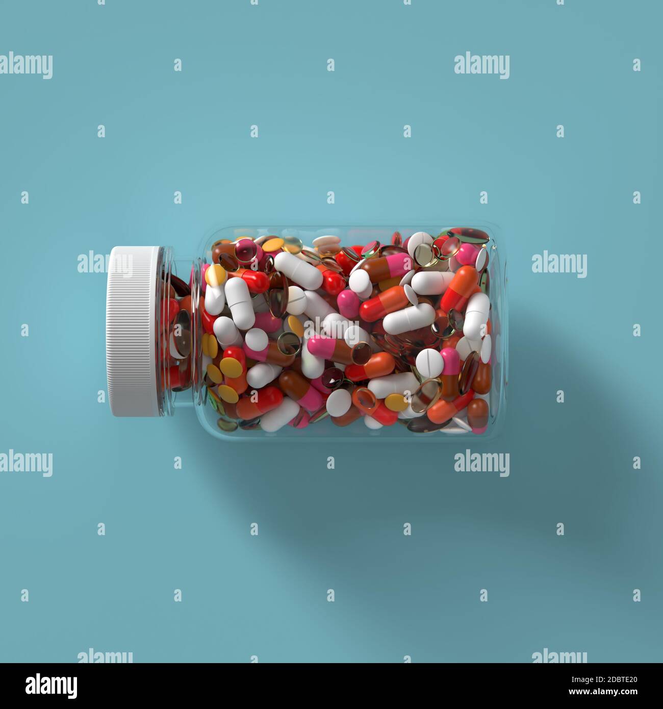 3d render of medicine pills in glass bottle with cap. Abstract medical ...