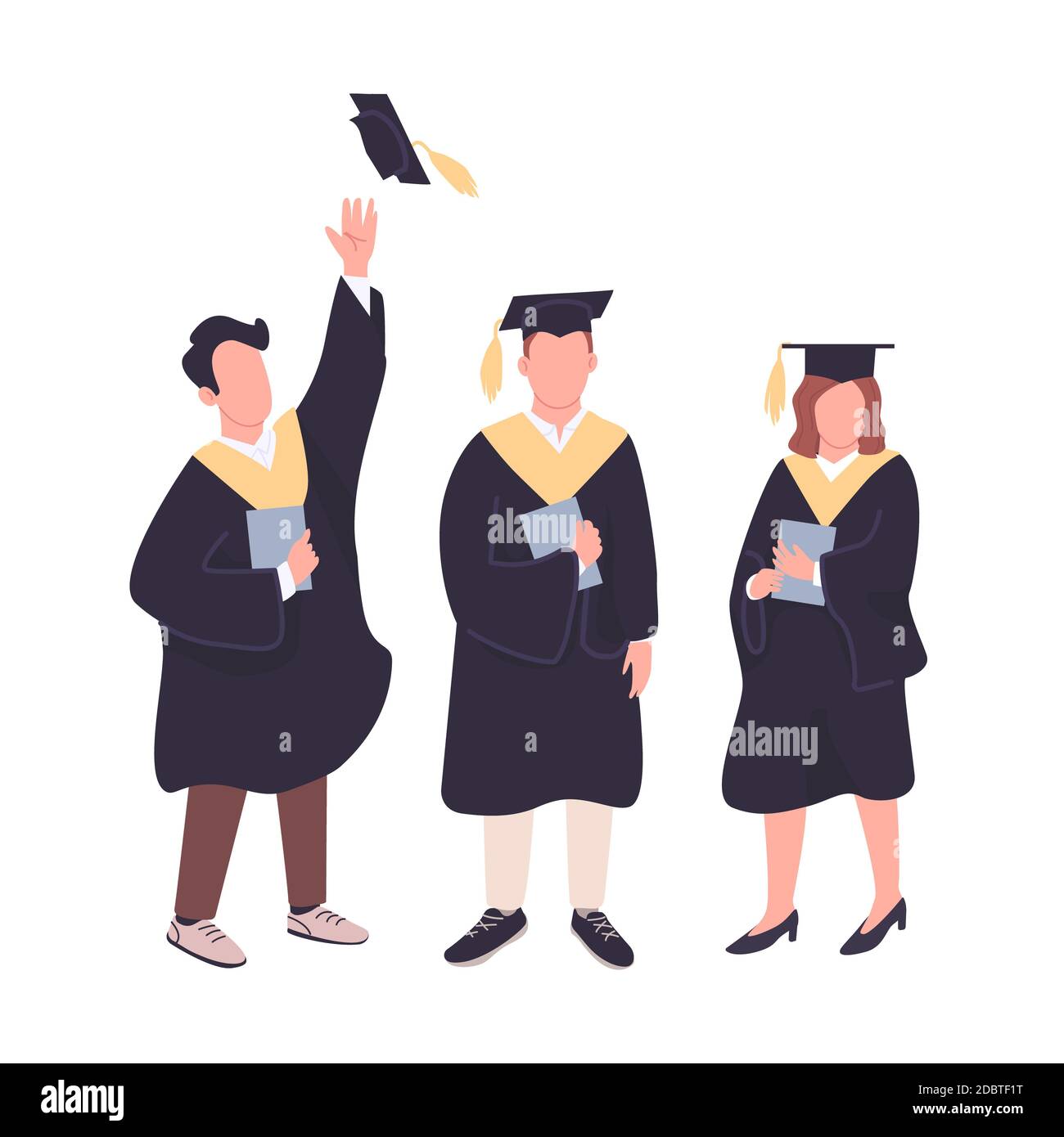 Happy graduates flat color vector faceless characters set. College ...