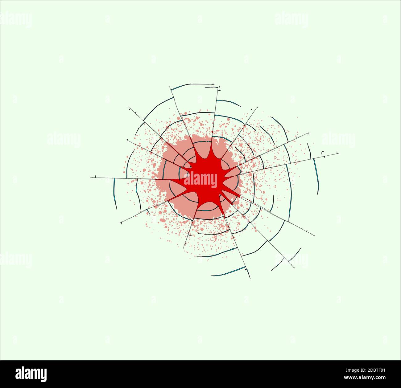 One bullet hole in a window with shattering glass and a blood splatter ...