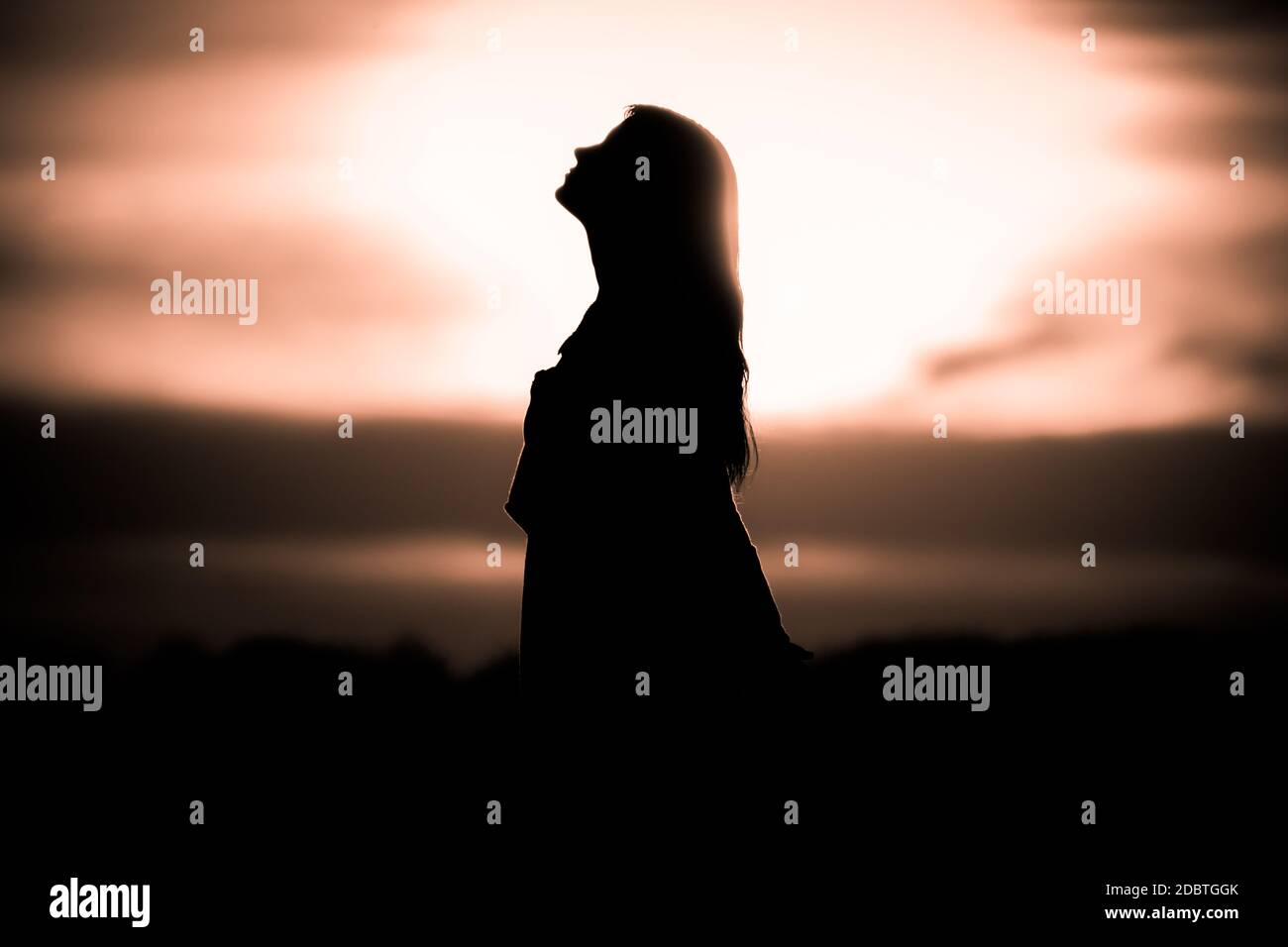 Silhouette in front of sunset or sunrise in summer nature. Symbol for ...