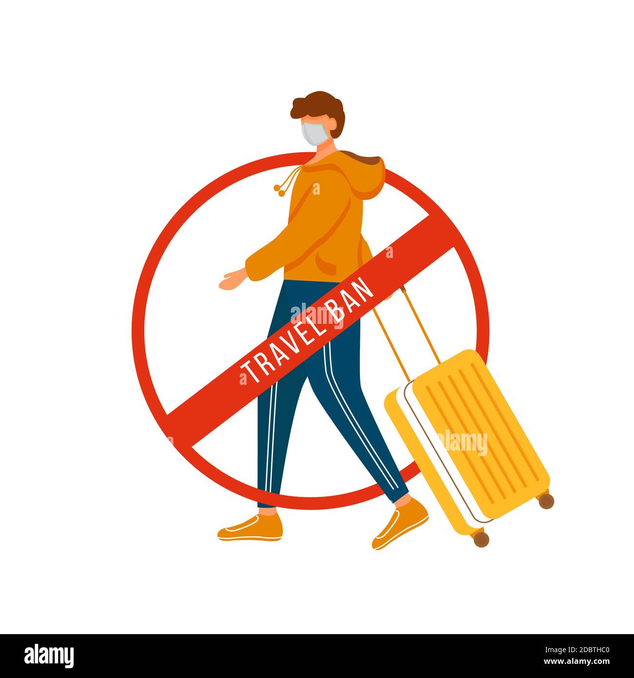Travel ban flat color vector faceless character. Man walk with luggage ...