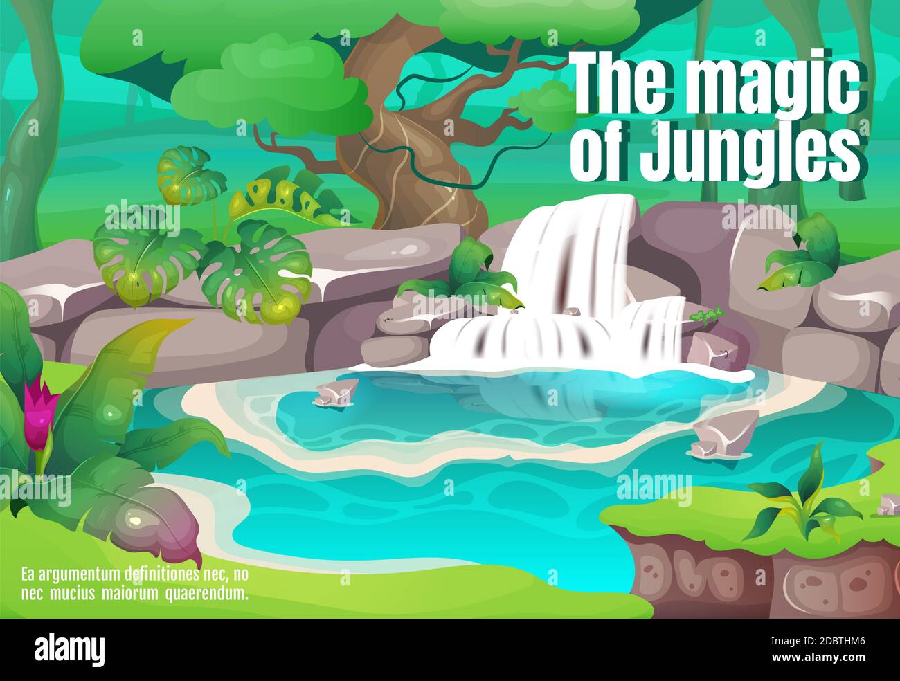 The magic of jungles poster flat vector template. Tropical woods ...