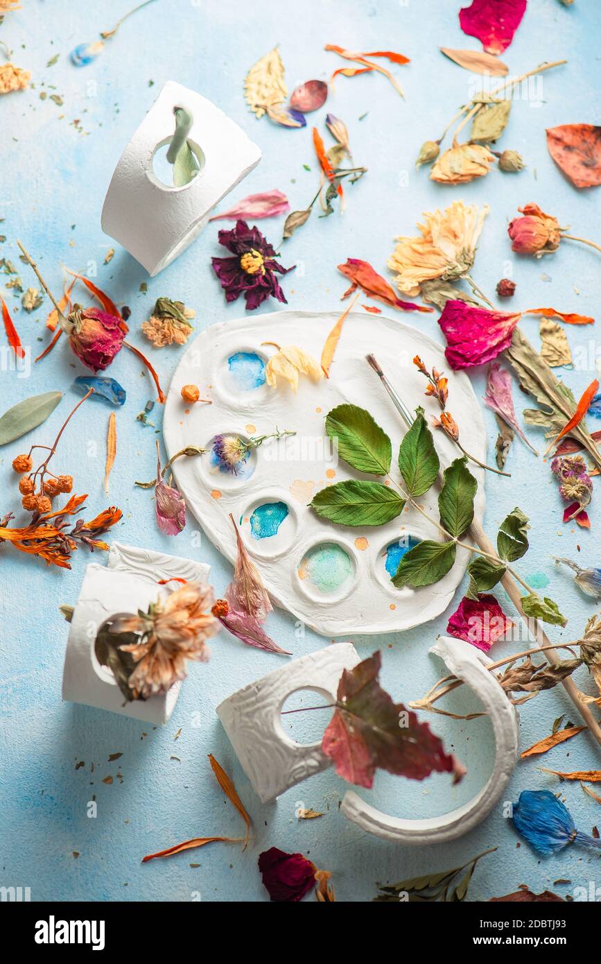 Art botany flat lay with watercolor palettes, leaves and petals, nature ...