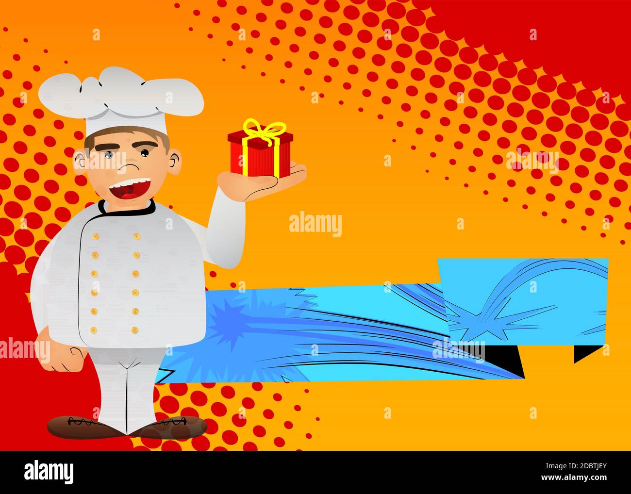 Fat male cartoon chef in uniform holding small gift box. Vector ...