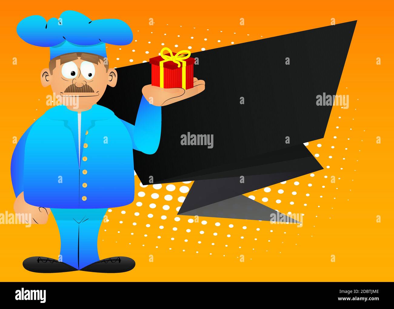 Fat male cartoon chef in uniform holding small gift box. Vector ...