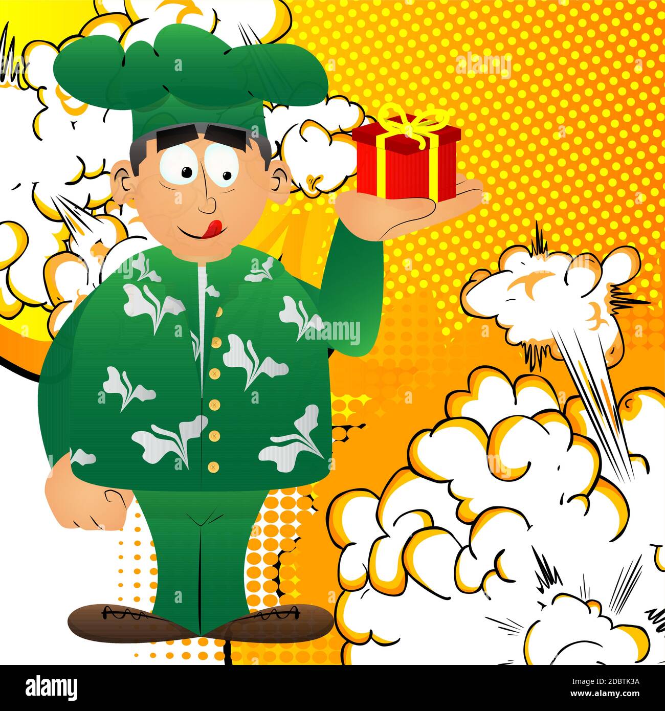 Fat male cartoon chef in uniform holding small gift box. Vector ...