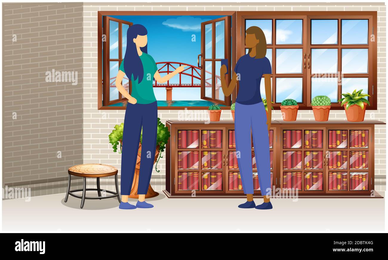 girls are standing in a window at home and talking to each other Stock ...