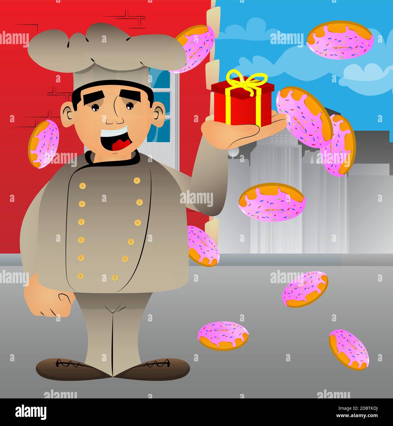 Fat male cartoon chef in uniform holding small gift box. Vector ...