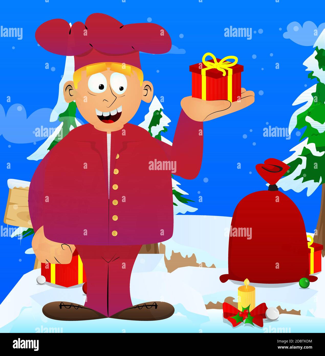 Fat male cartoon chef in uniform holding small gift box. Vector ...