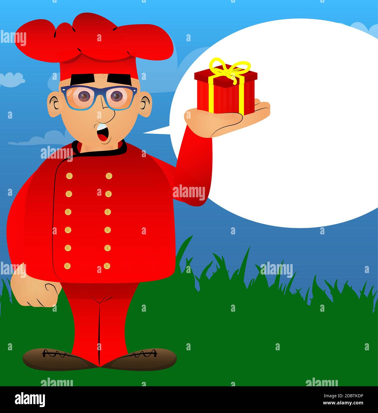 Fat male cartoon chef in uniform holding small gift box. Vector ...