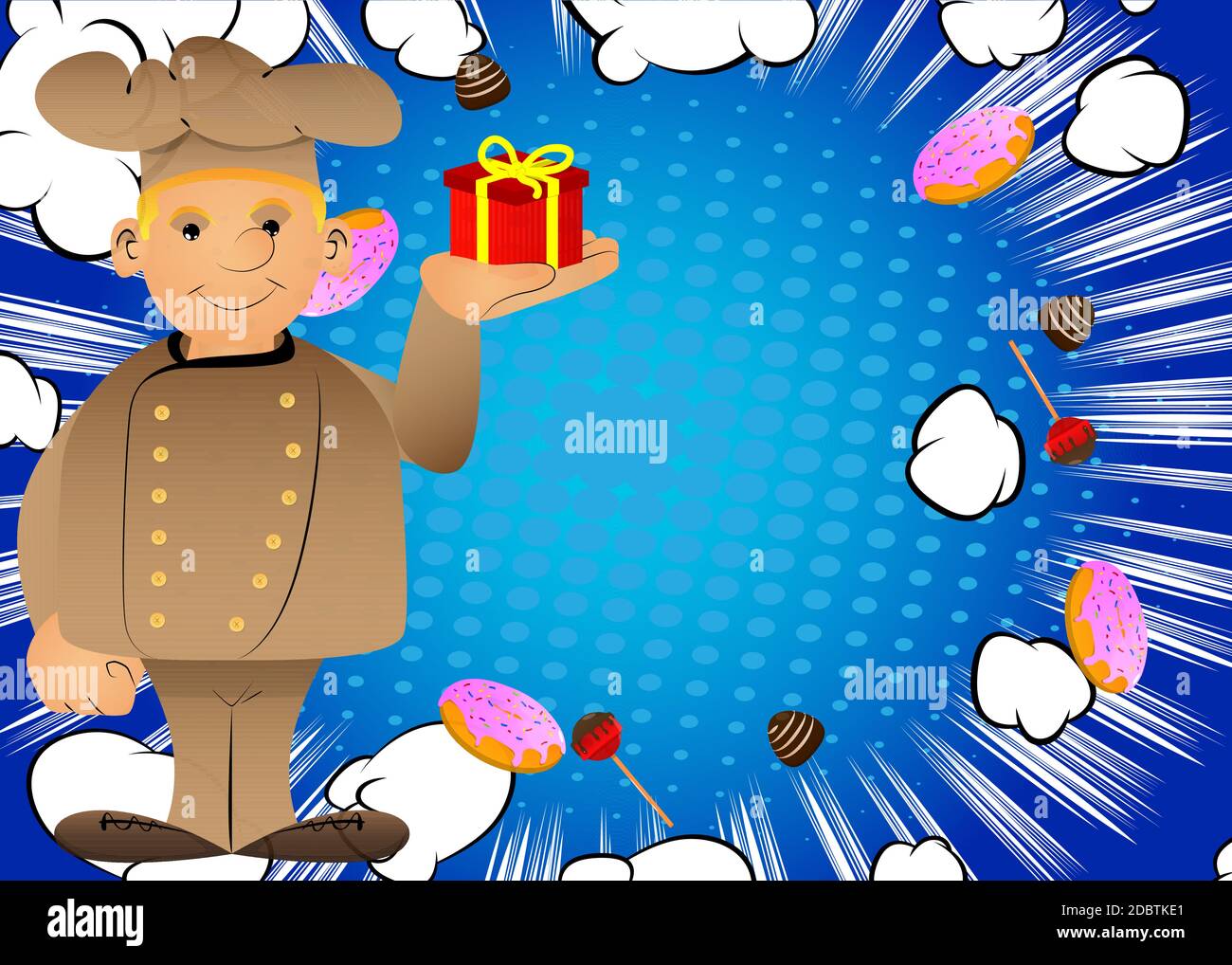Fat male cartoon chef in uniform holding small gift box. Vector ...