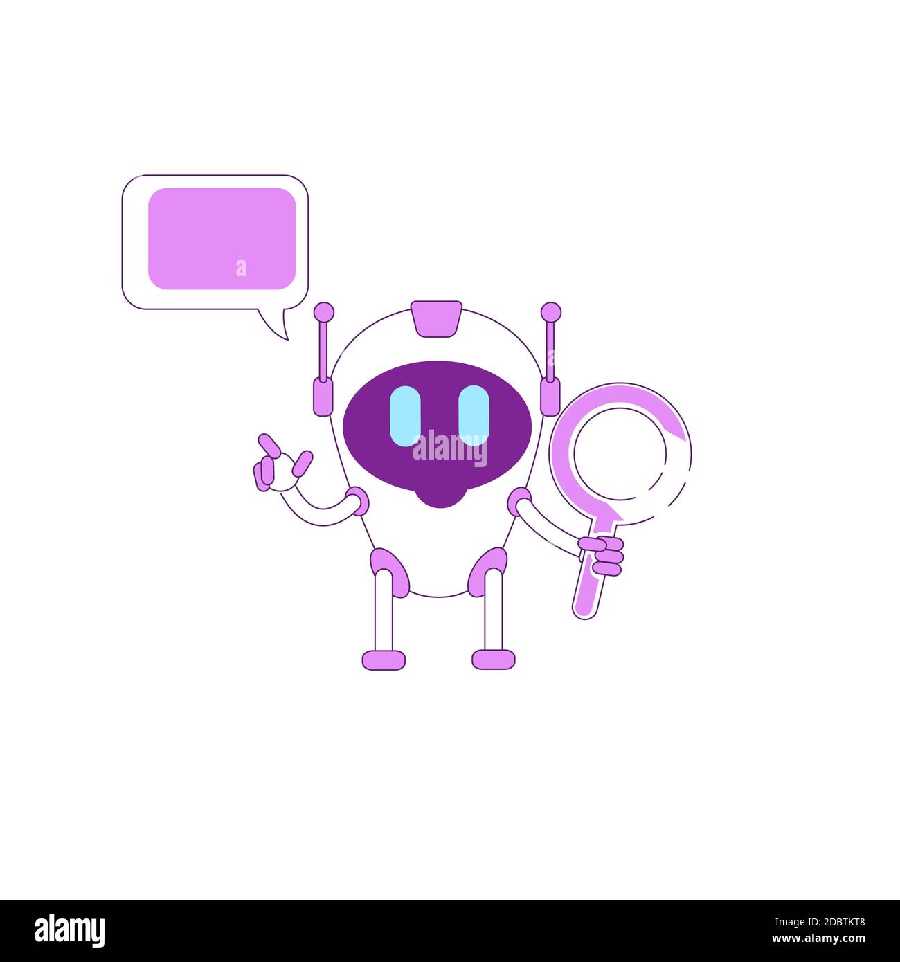 Virtual assistant flat color vector character. Boy bot with magnifying ...