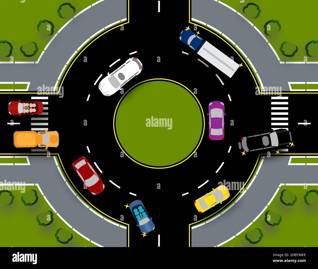 Roundabout with traffic circle. Bus, cars, truck, SUV. Close-up with ...