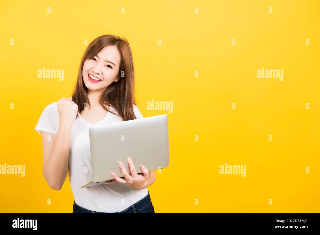 Asian happy portrait beautiful cute young woman teen smile standing ...