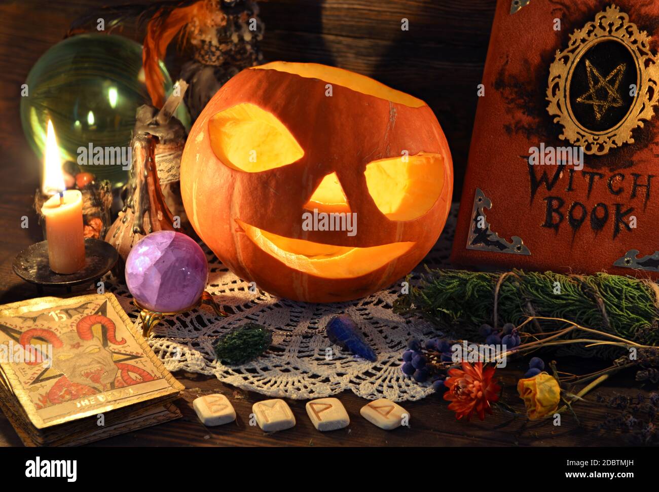 Halloween Jack O Lantern Pumpkin with grimoire book, tarot card Devil ...