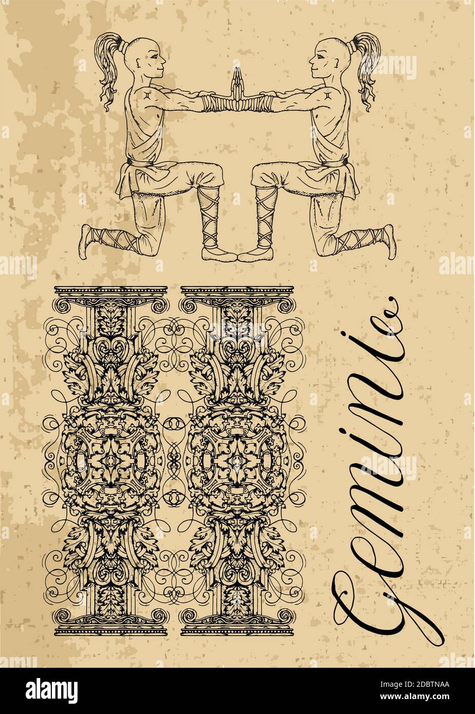 Gemini Zodiac Sign and fantasy mascot on texture. Collection of ...