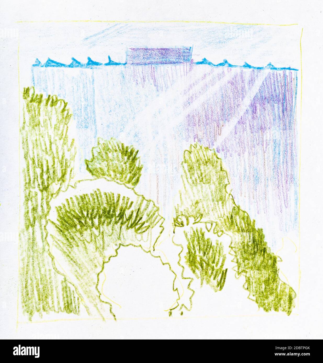 sketch of green trees and urban building hand-drawn by color pencils on ...