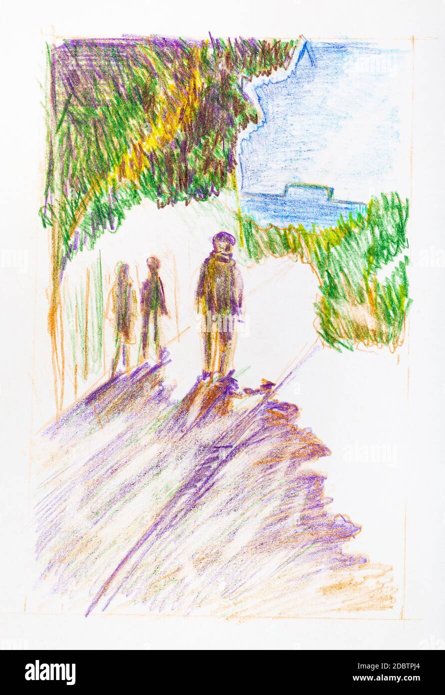 sketch of people walking along wall in city in summer hand-drawn by ...