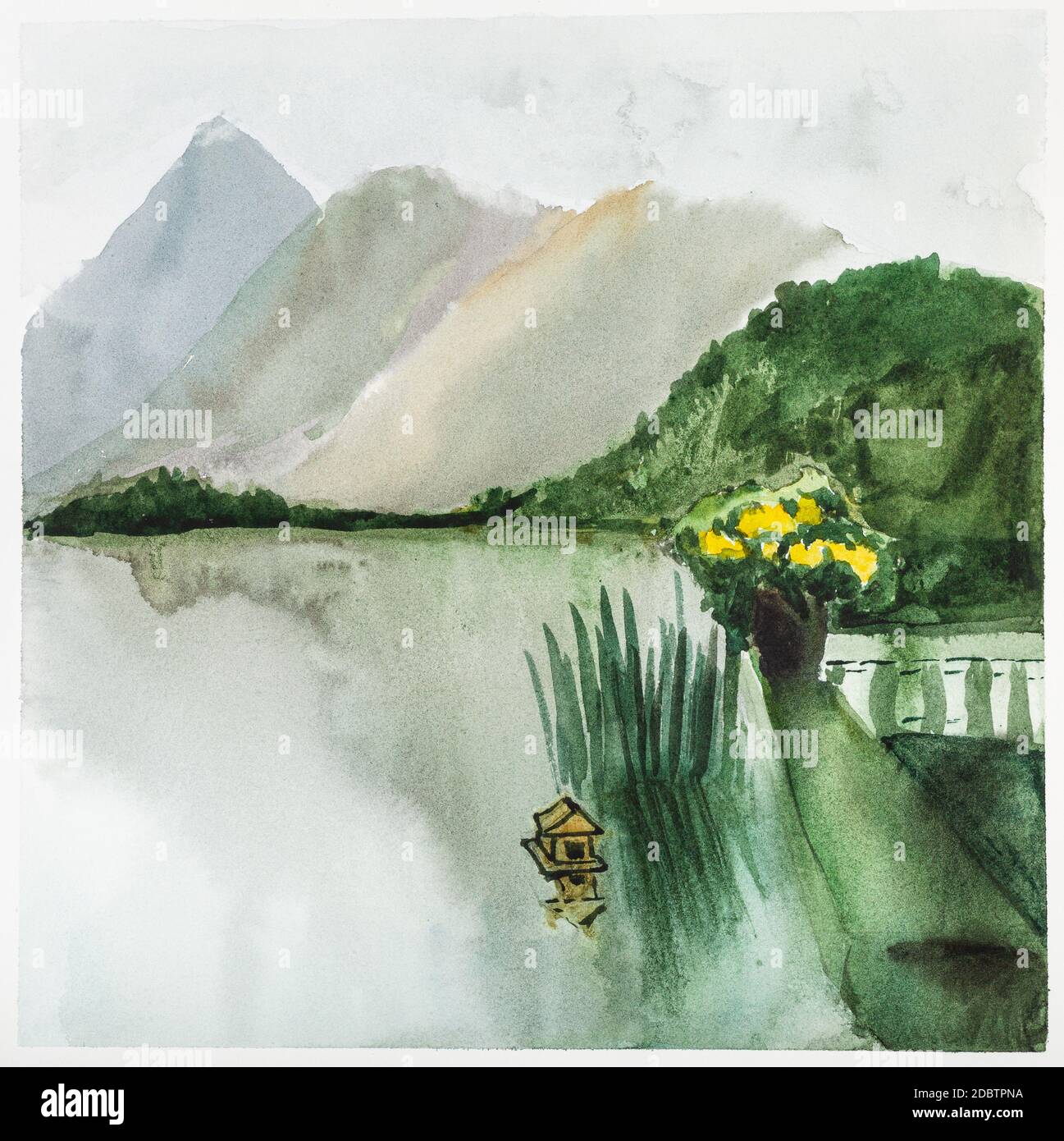 view of Schliersee lake in Bavarian Alps in summer morning hand painted ...