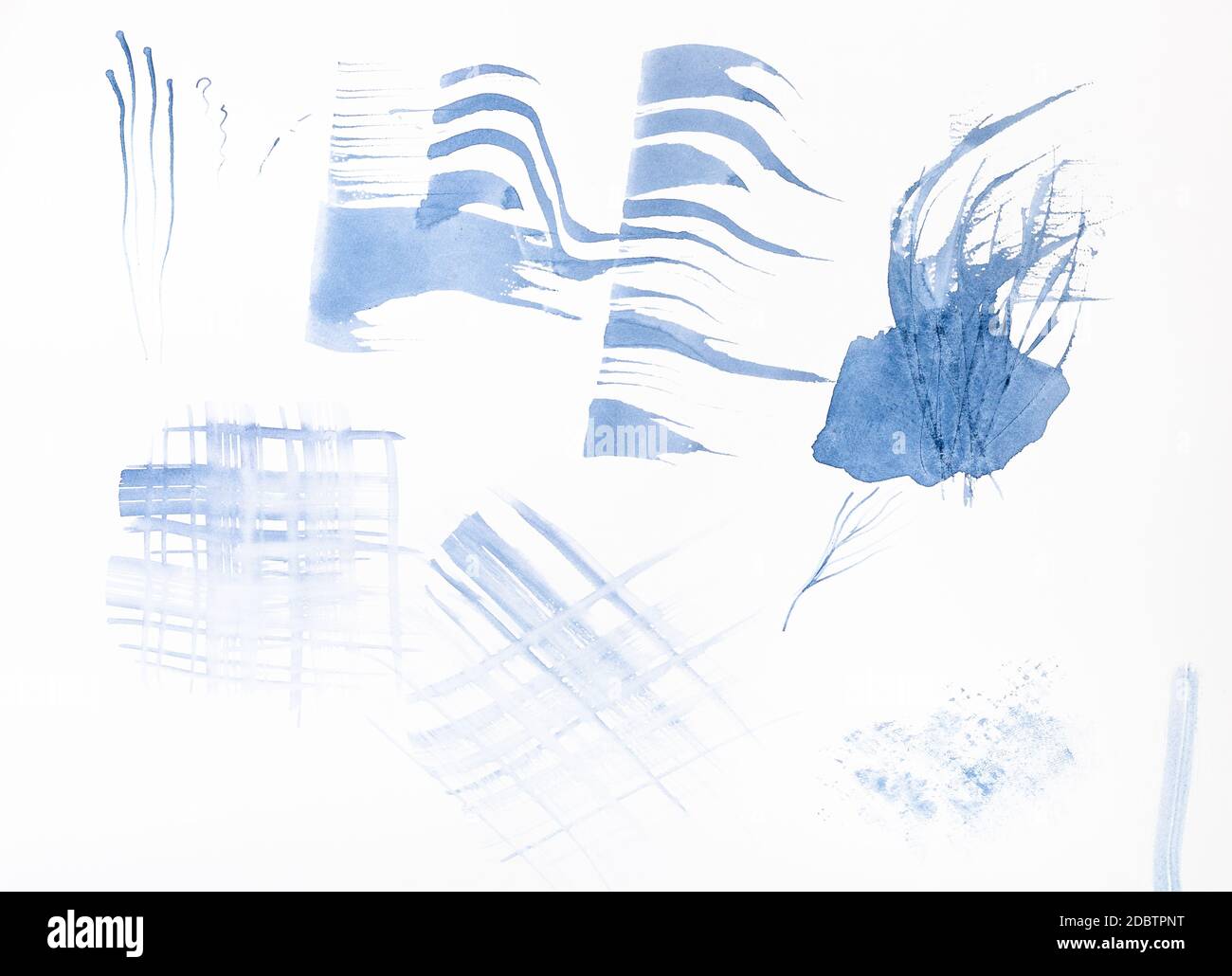 training drawing of blue paint strokes made with plastic card hand ...