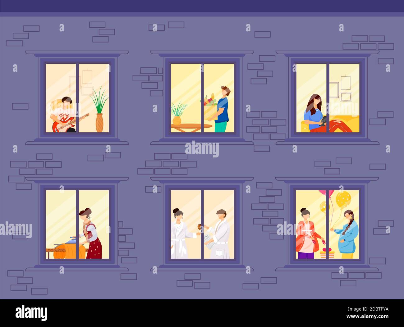 Evening neighbors routine flat color vector illustration. People ...