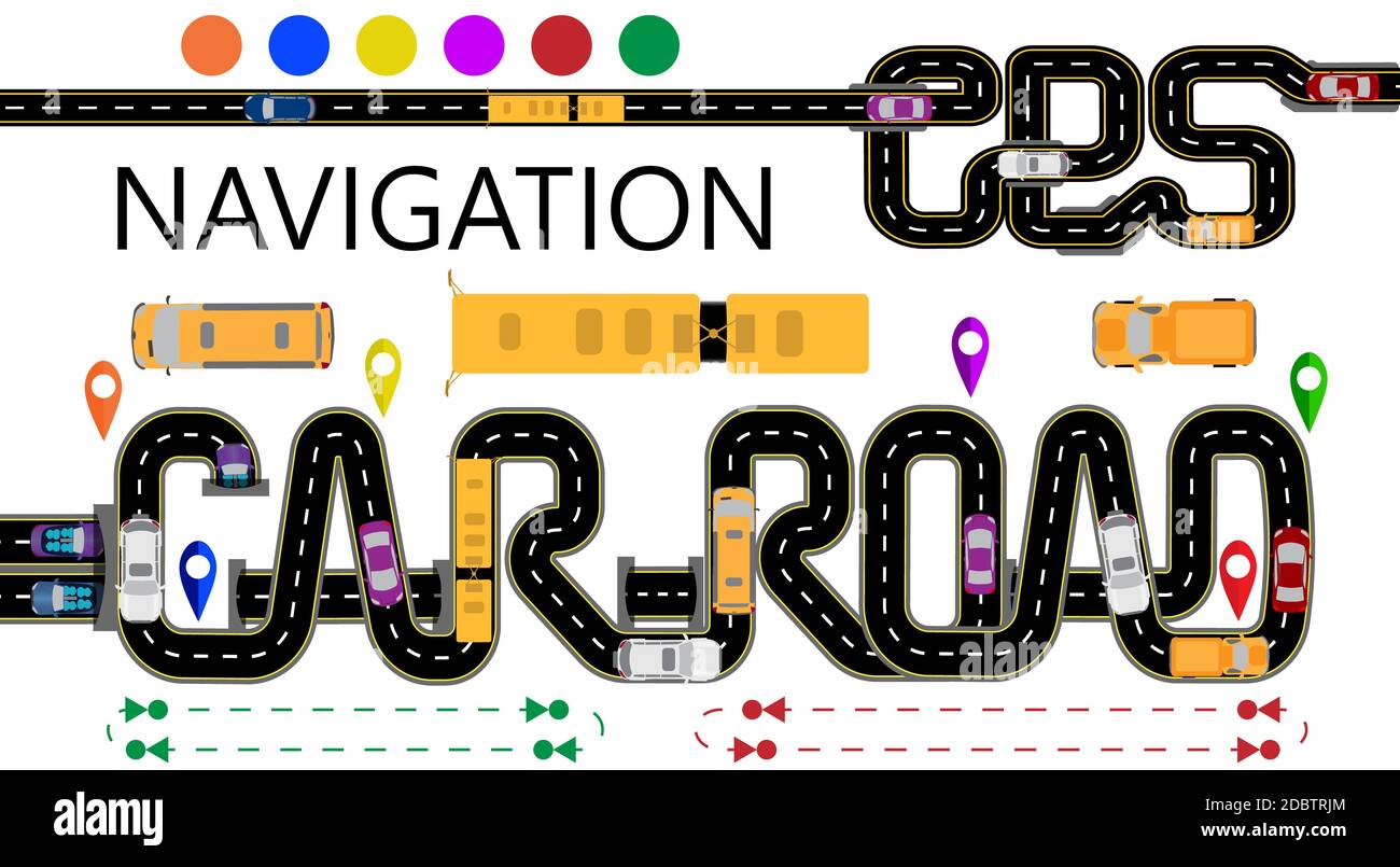 Roads, cars, navigator tags. The highway is stylized under the ...