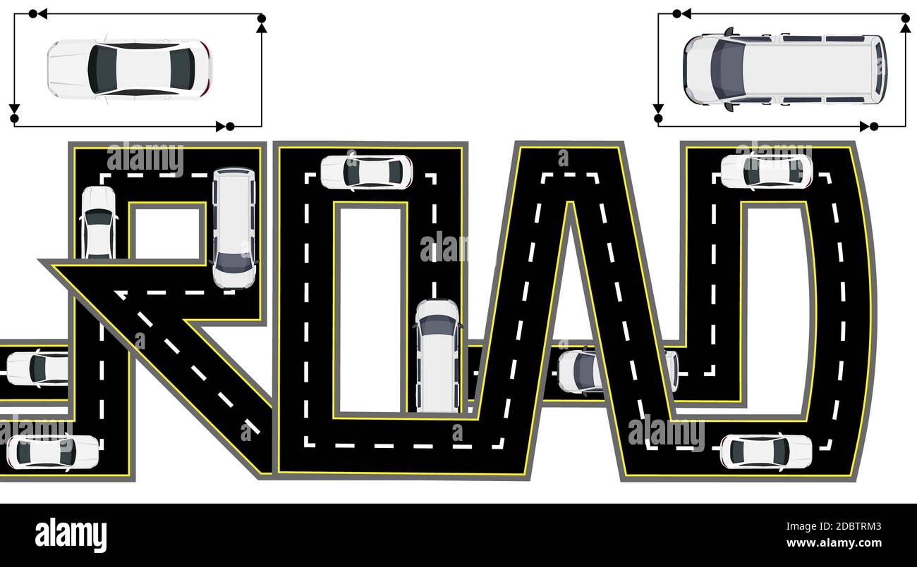 Road. Highway stylized inscription. Trucks and cars. Isolated Vector ...