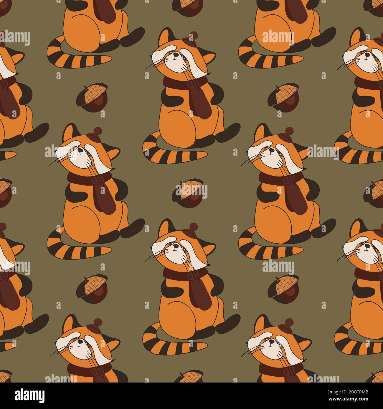 Autumn pattern with animals. Red panda character. Acorns. Autumn ...