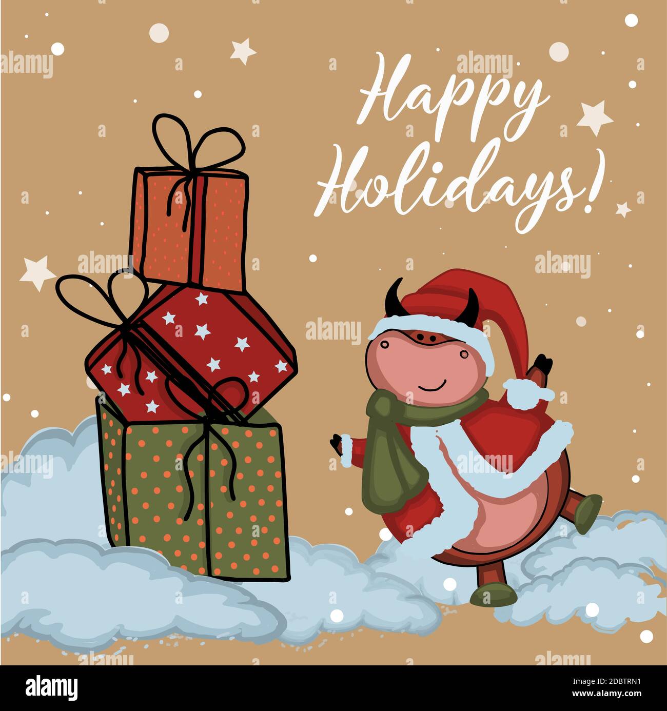 The bull is the symbol of 2021. Happy Holidays postcard. Cute ...