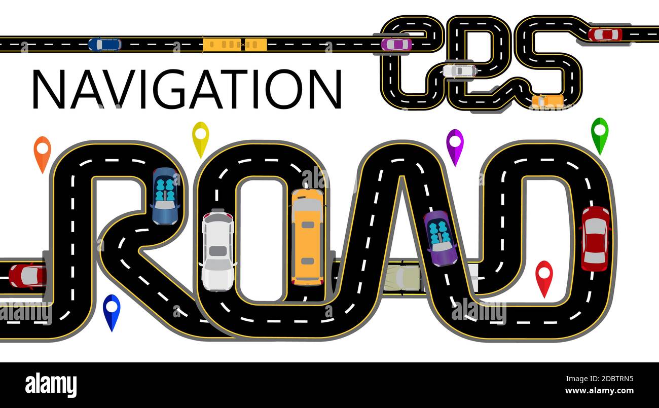 Roads, cars, navigator tags. The highway is stylized under the ...