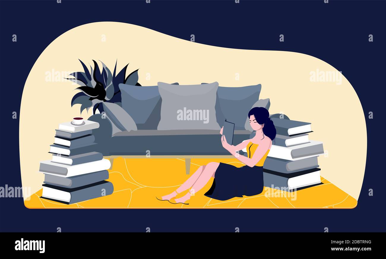The concept of self-isolation. A girl is reading a book. Modern vector ...