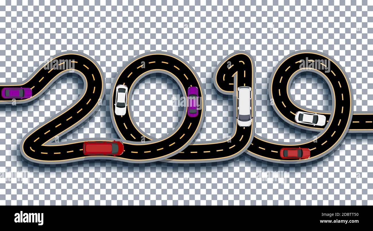 2019 New Year. The road is stylized as an inscription. Trucks and cars ...