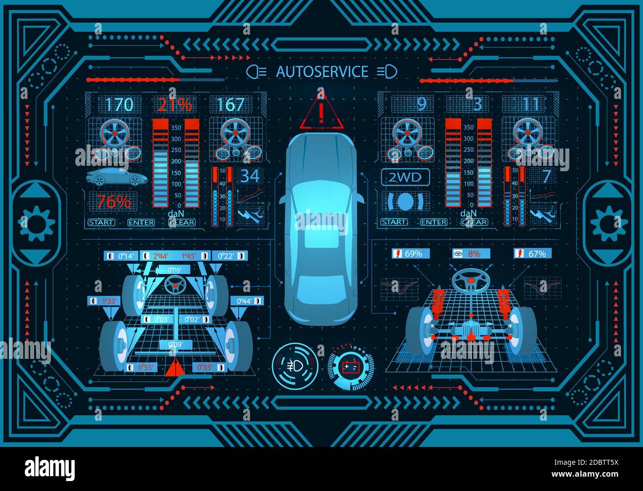 Car service. GUI. Diagnostic leveling wheels. Check springs. Parameters ...