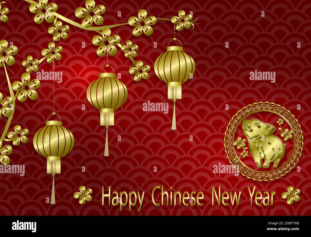 Chinese New Year. Stylized copper, brass. Lanterns on a cherry branch ...