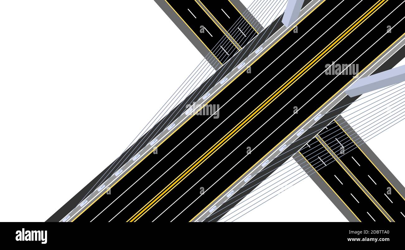 View from above. Suspended road bridge with highway and road. Vector ...
