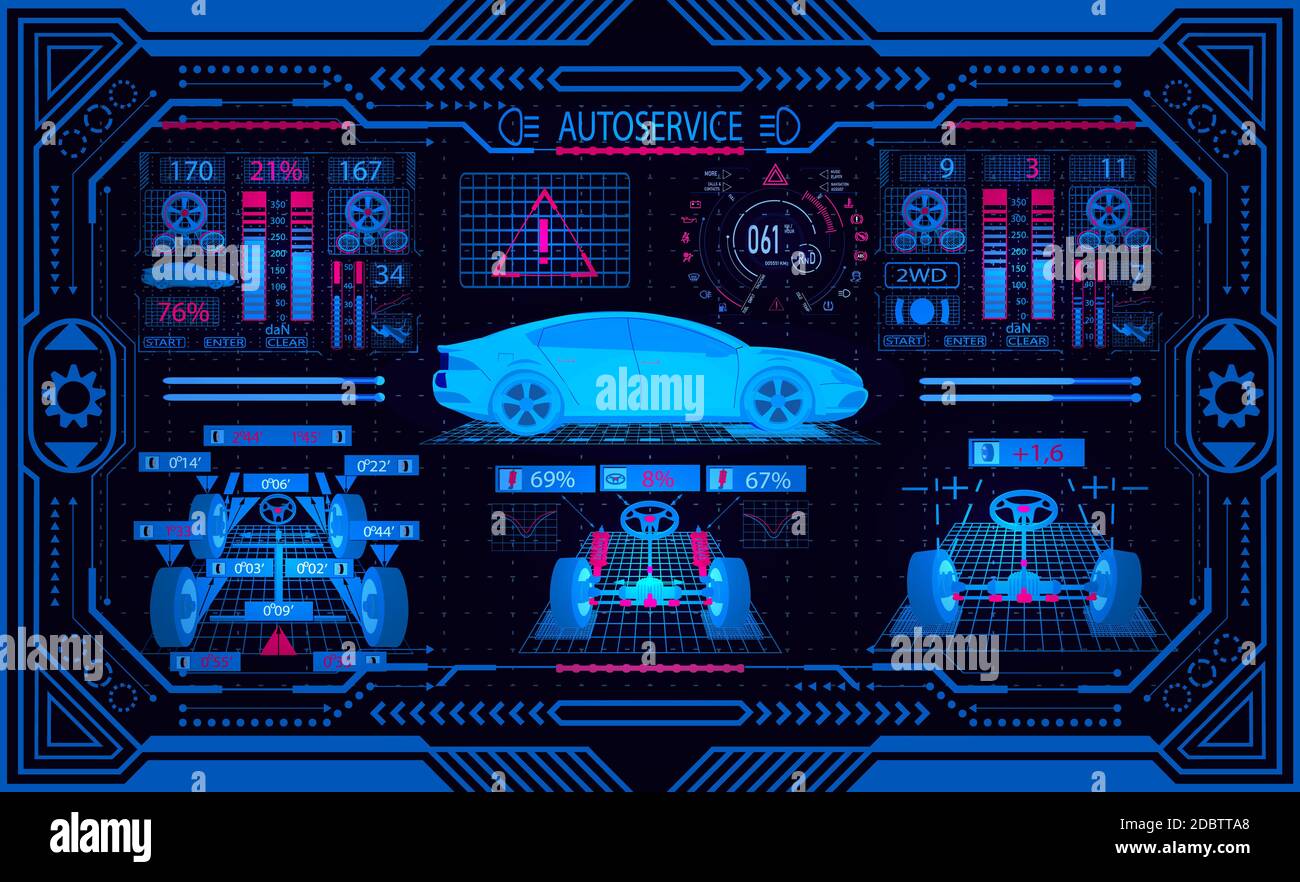 Car service. Graphic interface in a stylized frame. Diagnostic ...