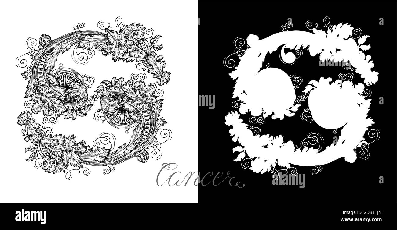 Cancer or crab Zodiac Sign with victorian baroque patterns. Collection ...