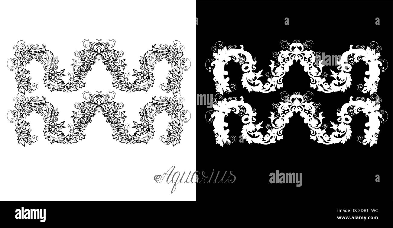 Aquarius zodiac sign with victorian baroque patterns. Collection of ...