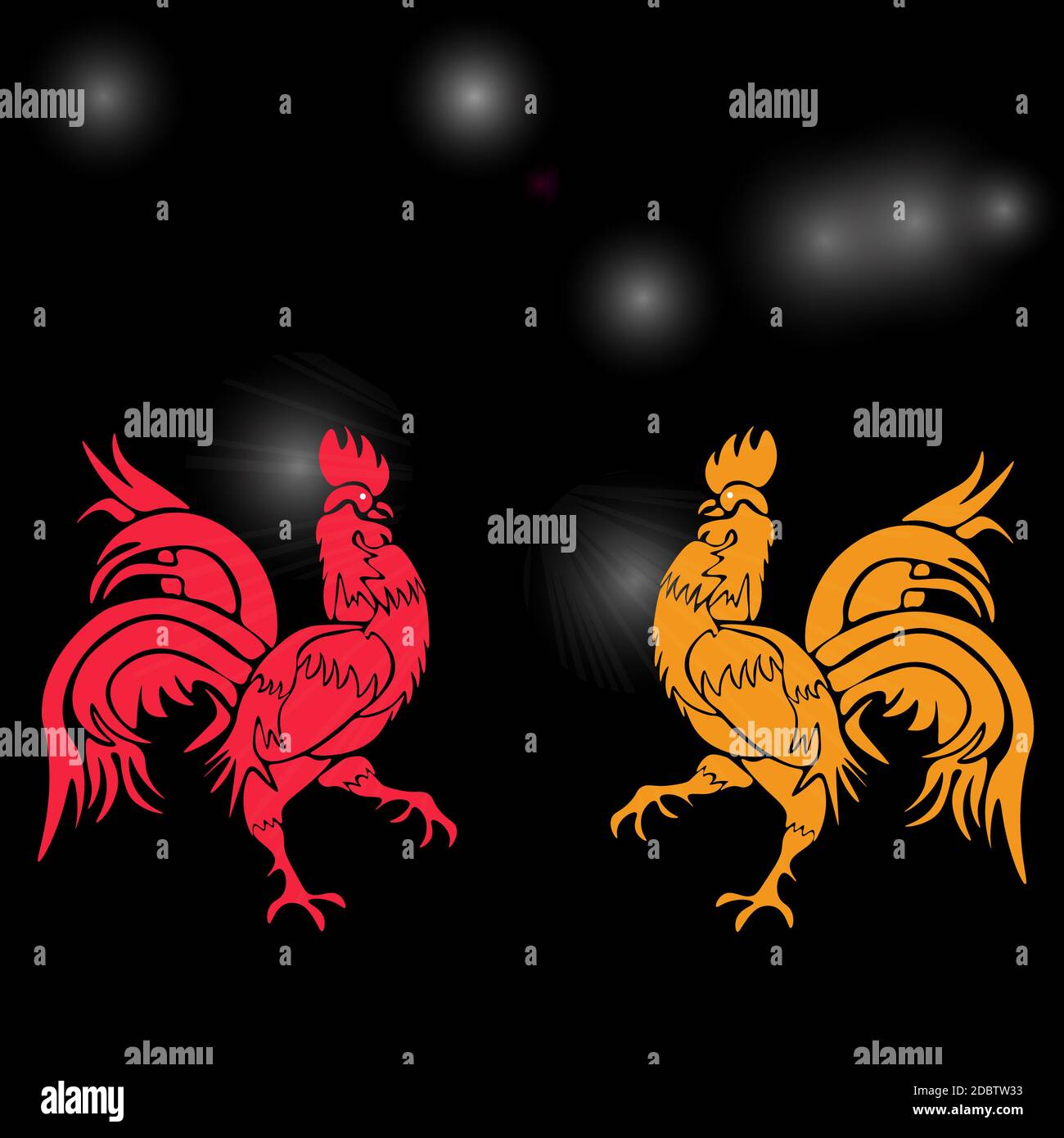 Two cocky rooster, red and yellow on a background of cock constellation ...